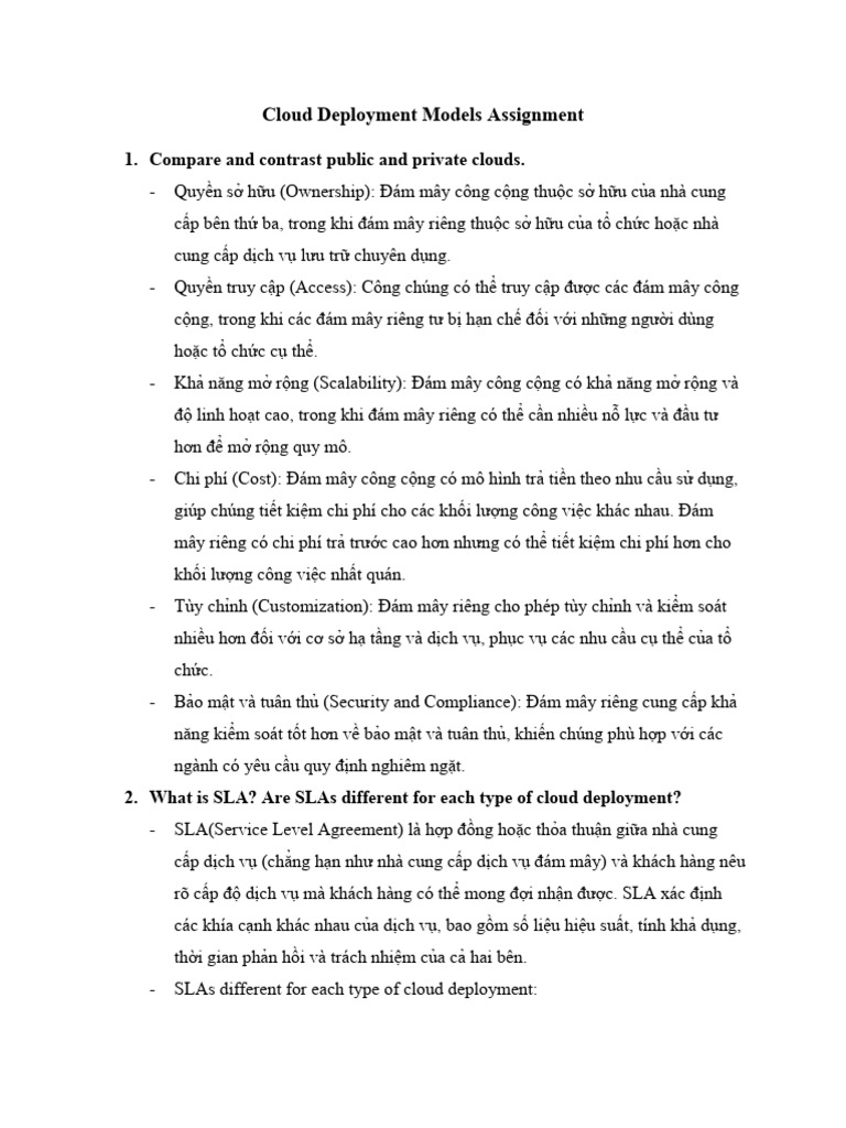 Cloud Deployment Models Assignment: 1. Compare and Contrast Public and Private Clouds | PDF