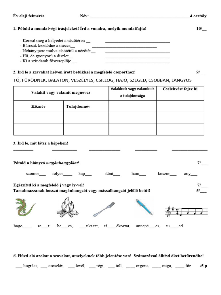 Nyelvtan Felmérés 4. Osztály | PDF