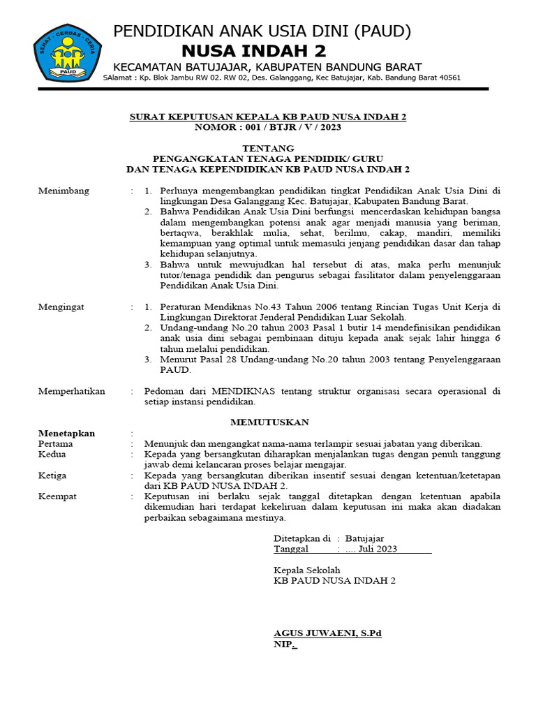 SK PENGANGKATAN GURU PAUD TK KB | PDF