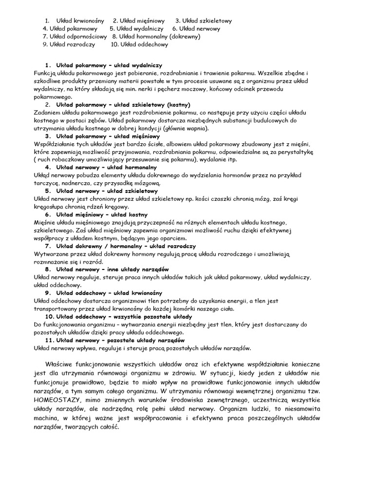 Współpraca Układów Narządów | PDF