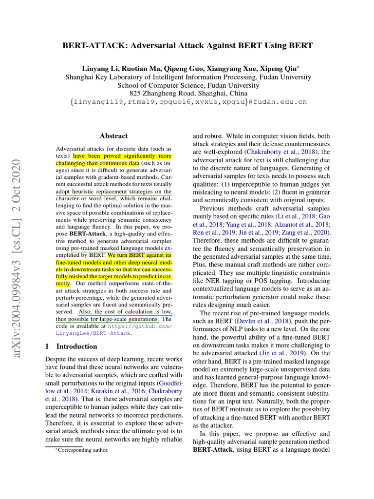 BERT-ATTACK Adversarial Attack Against BERT Using BERT | PDF