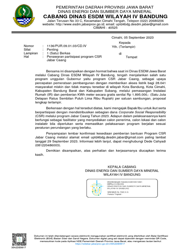 1136 05092023 Cdiv Surat Penawaran Partisipasi Jabar Caang 05092023 093636 Signed | PDF