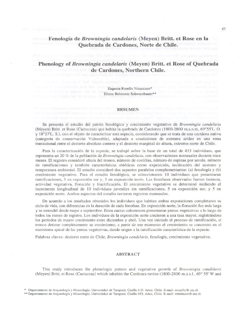 Fenología de Browningia Candelaris (Meyen) Britt. Et Rose en La Quebrada de Cardones, Norte de ...