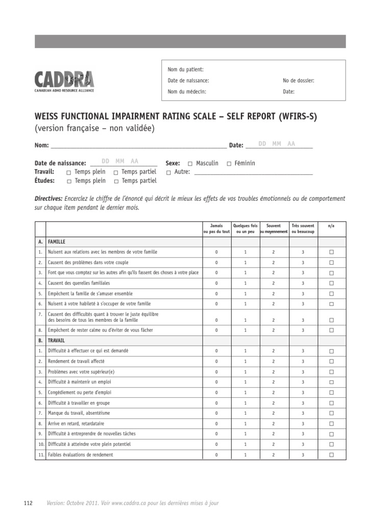 WFIRS (Weiss Functional Impairment Rating Scale) FR | PDF