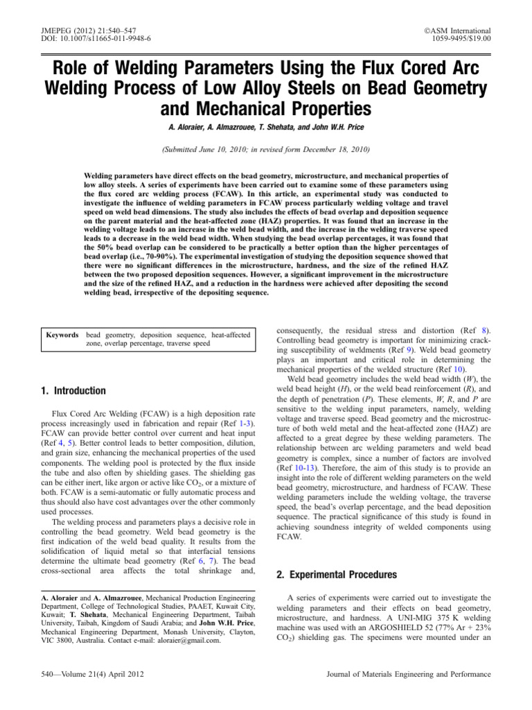 Role of Welding Parameters Using The Flux Cored Arc Welding Process of Low Alloy Steels On Bead ...