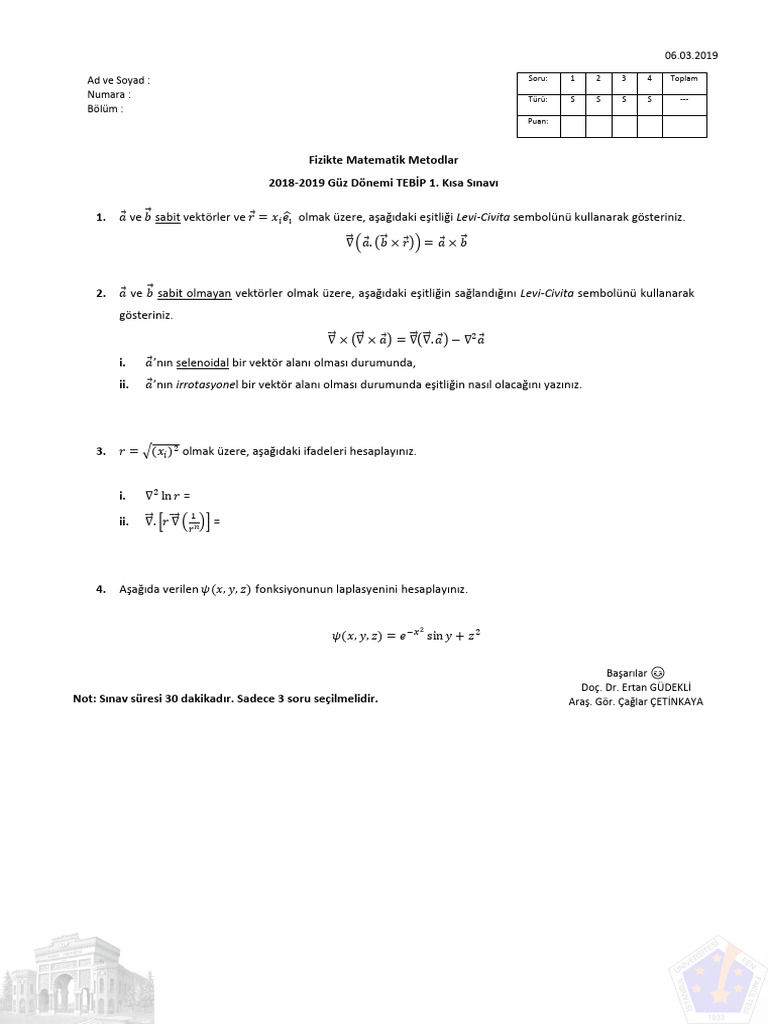 TEBİP Fizikte Matematik Metodlar 1. Kısa Sınav Ve Çözümleri | PDF