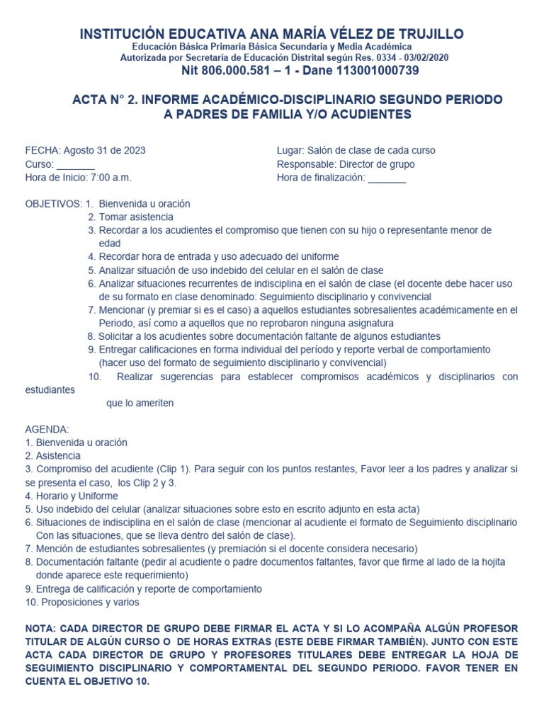 Acta N° Entrega de Calificaciones Segudo Periodo | PDF