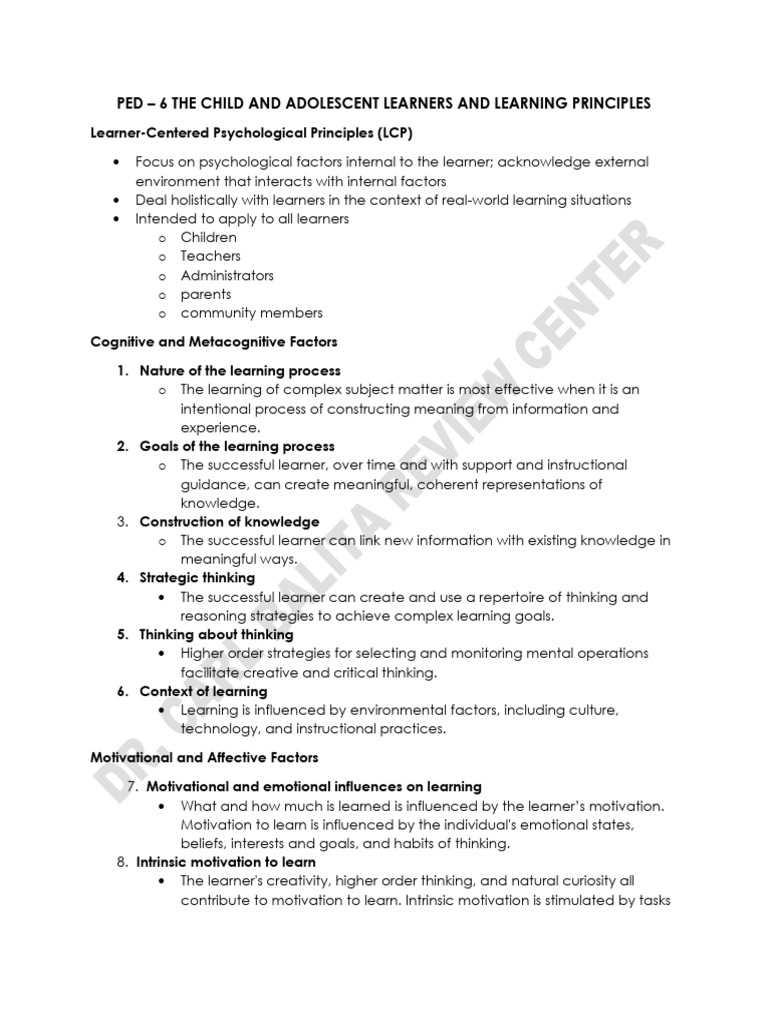 PED 6 Child and Adolescent Learner and Learning Principles Foundation ...