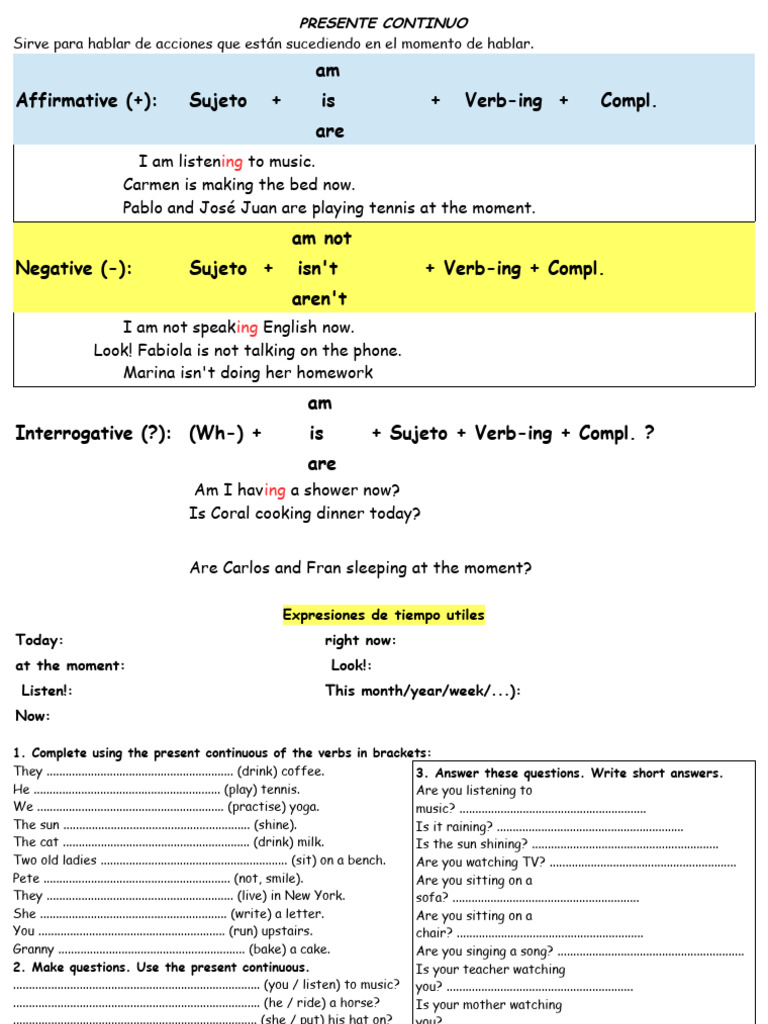 Present Continuous 1º ESO Explanation and Activities | PDF