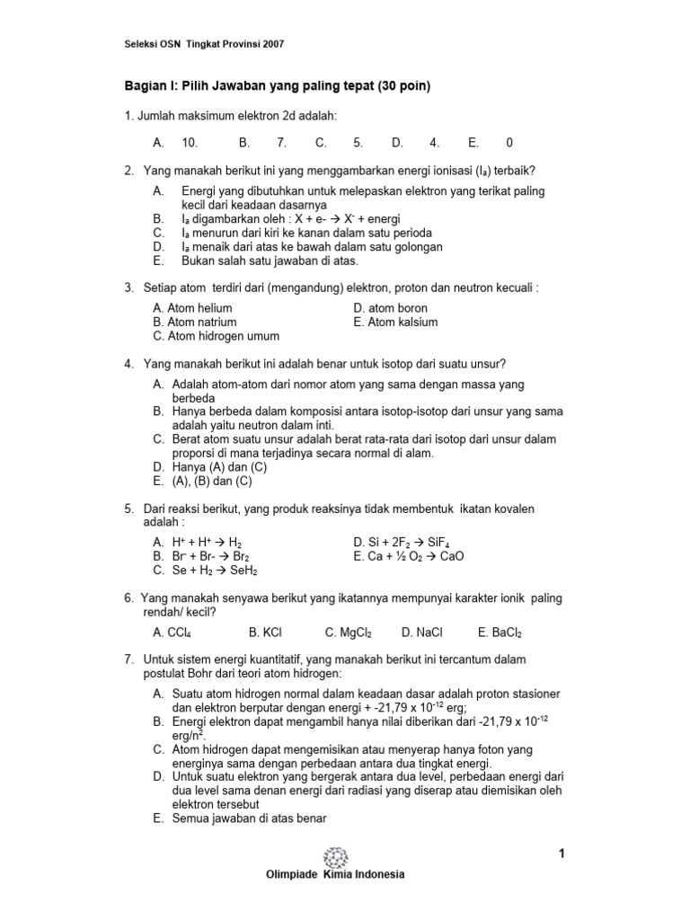 Soal Dan Pembahasan OSP Kimia SMA Tahun | PDF