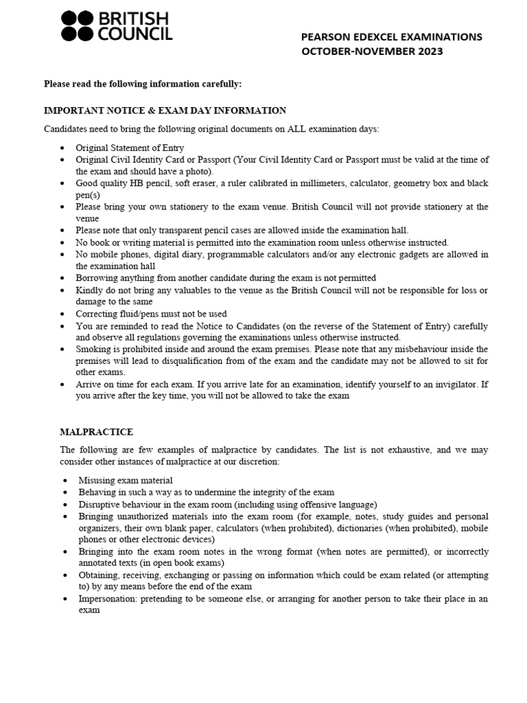 Edexcel Examinations - Information To Candidates - Oct Nov 2023 6 | PDF