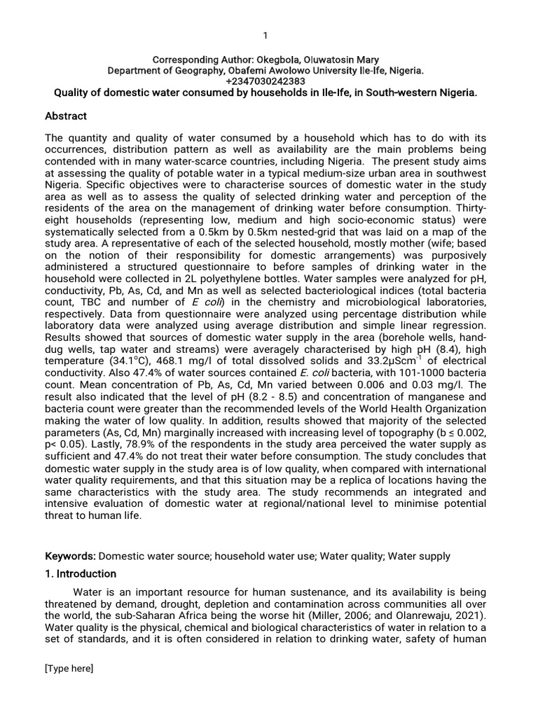 Corrected PAPER 1 Quality of Domestic Water Osun Reviewed TRY | PDF ...