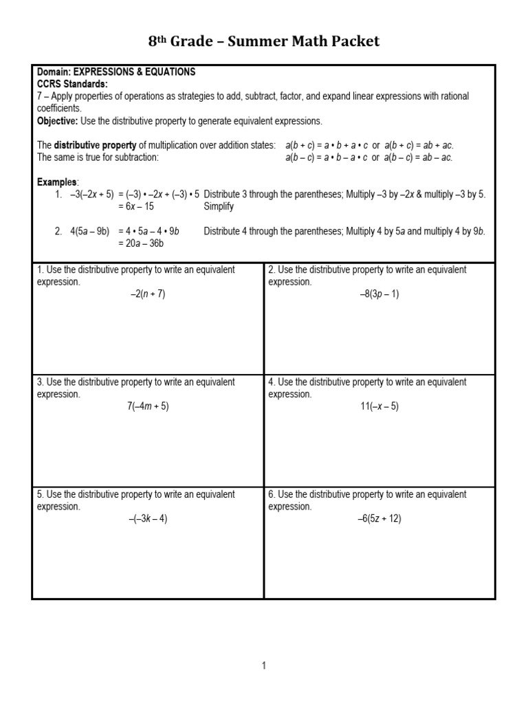 8th Grade Summer Math Packet | PDF | Equations | Multiplication