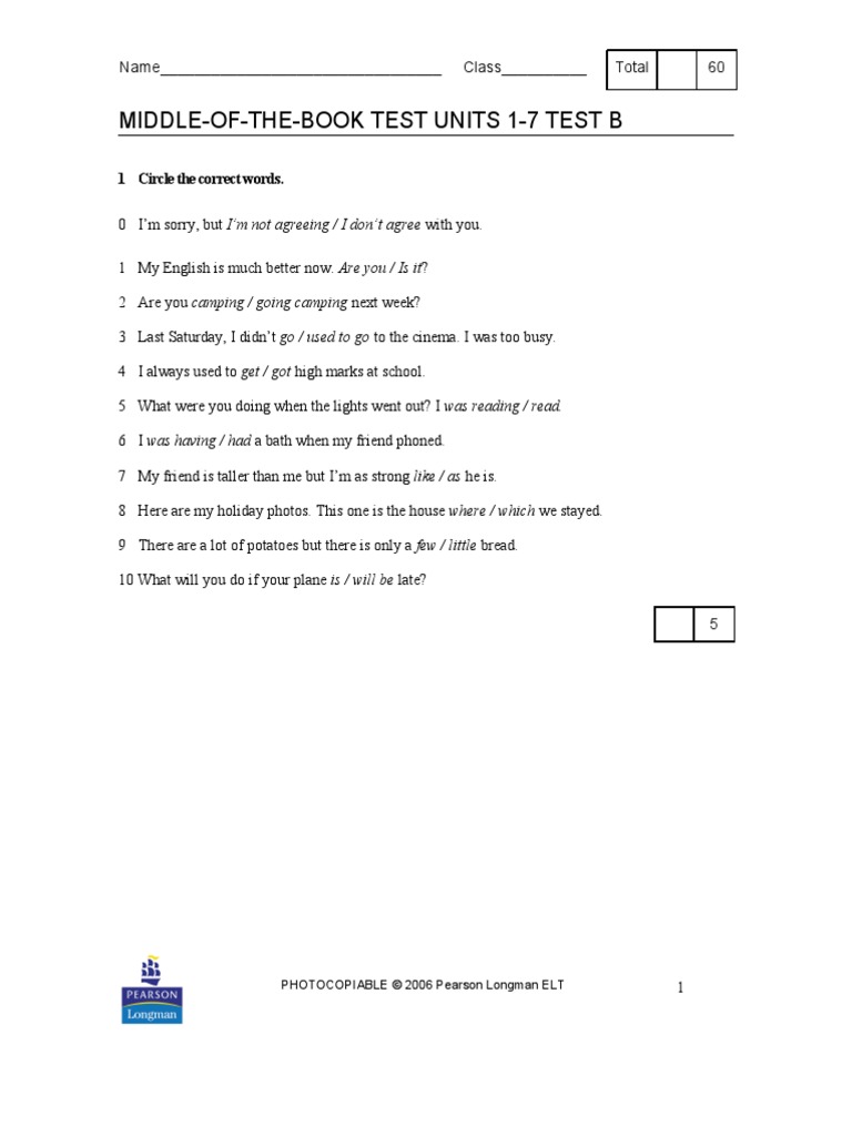 Middle-Of-The-Book Test Units 1-7 Test B: 1 Circle The Correct Words ...