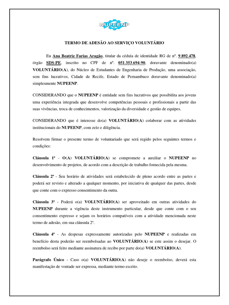 Termo De Adesão Ao Serviço Voluntário Ana Beatriz Pdf