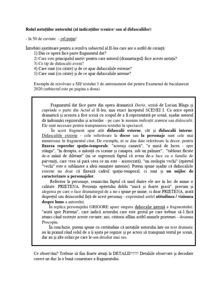 Rolul Notatiilor Autorului Test 3 An 2020 Bacalaureat | PDF