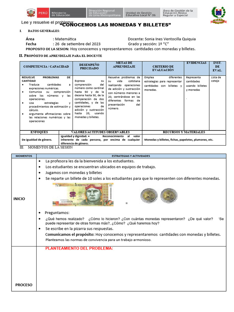 SESION DE MATEMATICA Conocemos Las Monedas y Billetes | PDF