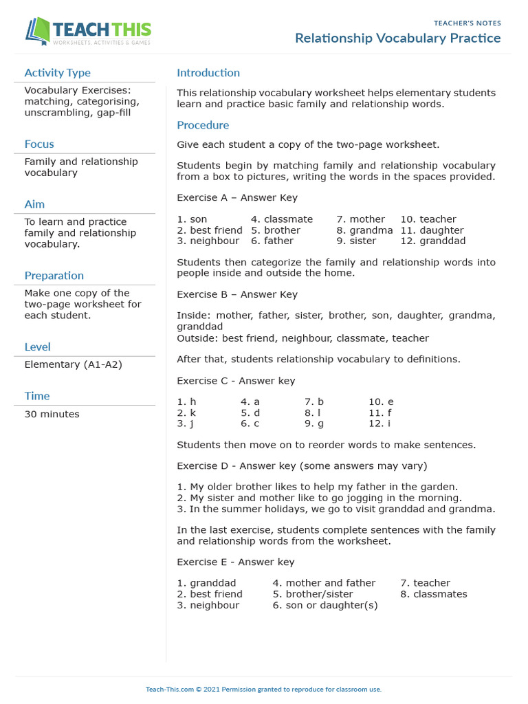 Relationship Vocabulary Practice | PDF