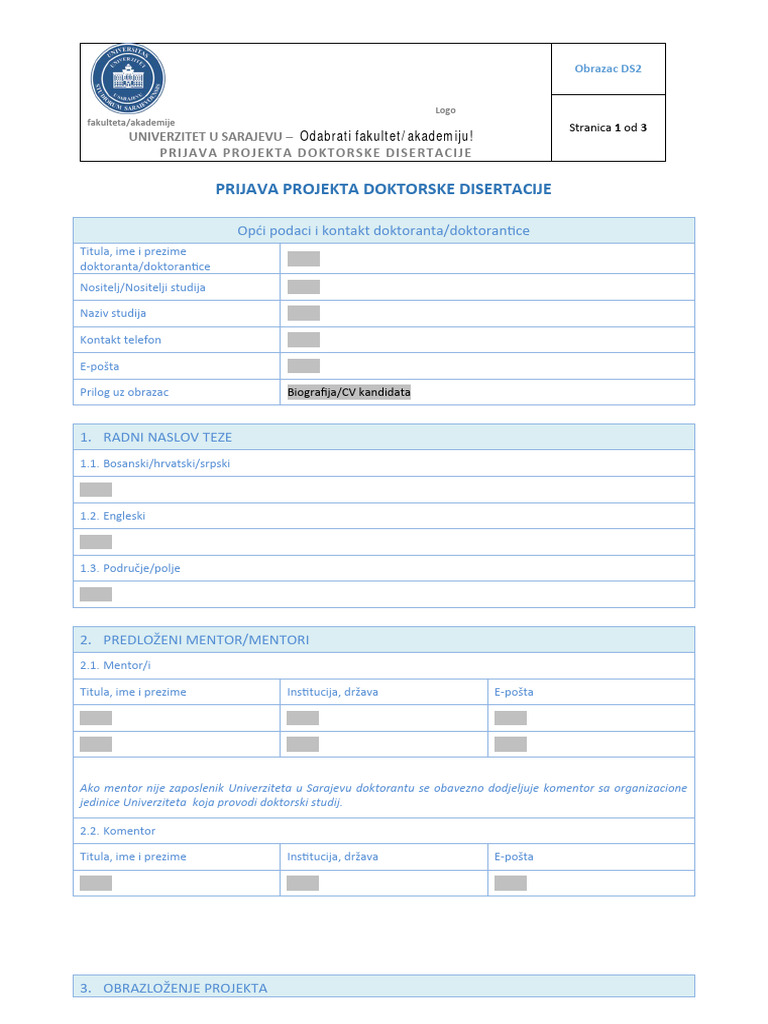 Obrazac Ds 2 - Prijava Projekta Doktorske Disertacije_0 | PDF
