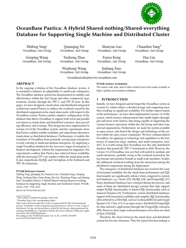 OceanBase Paetica: A Hybrid Shared-nothing/Shared-everything Database For Supporting Single ...