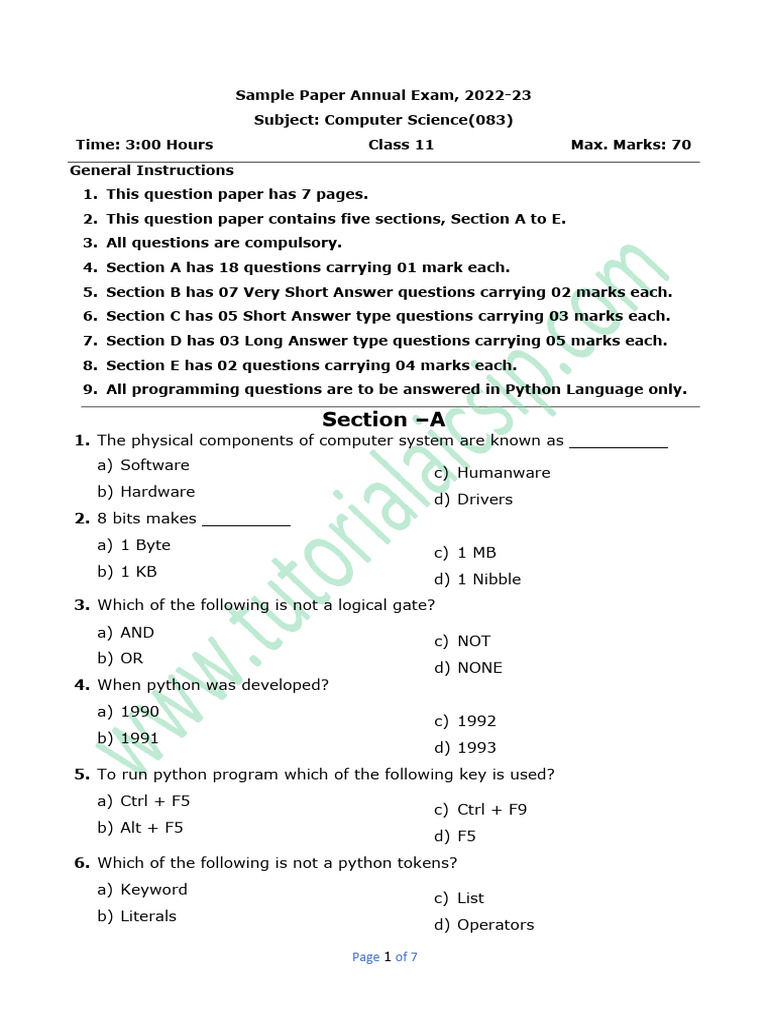 Sample20Paper20120Class20XI20Annual20Exam20CS PDF | PDF | String (Computer Science) | Control Flow