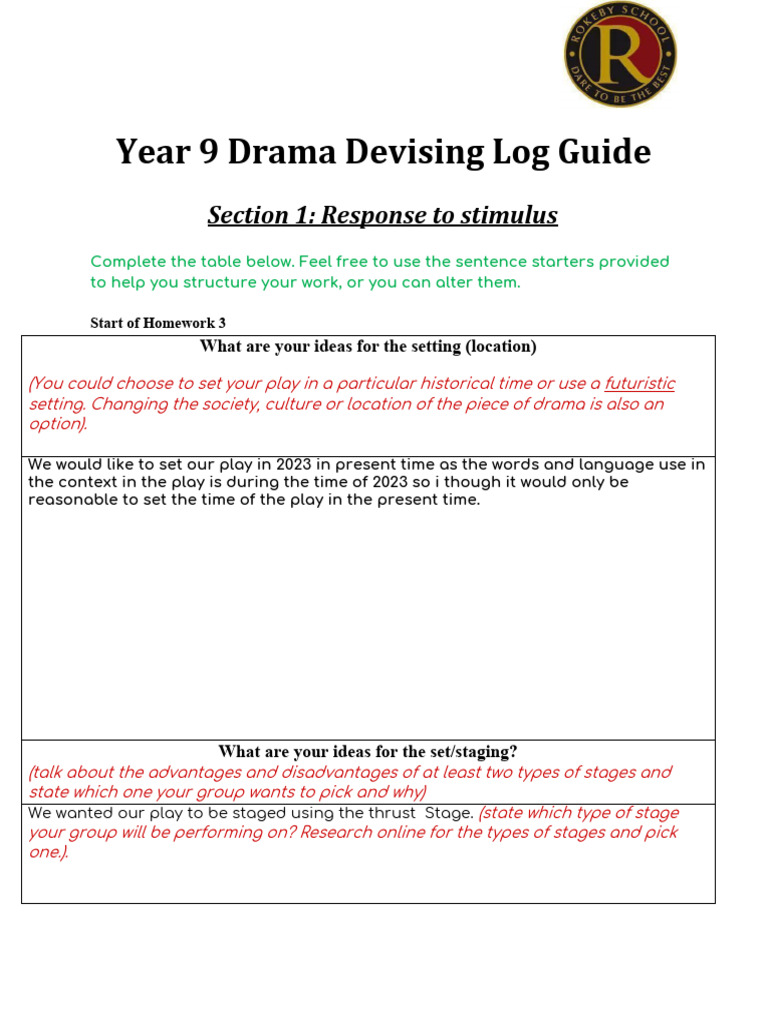 Year 9 Drama Devising Log Guide | PDF