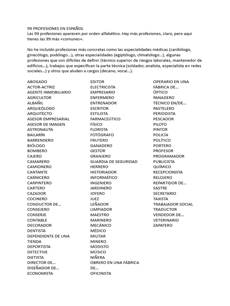 99 Profesiones Comunes en Español | PDF | Empleo