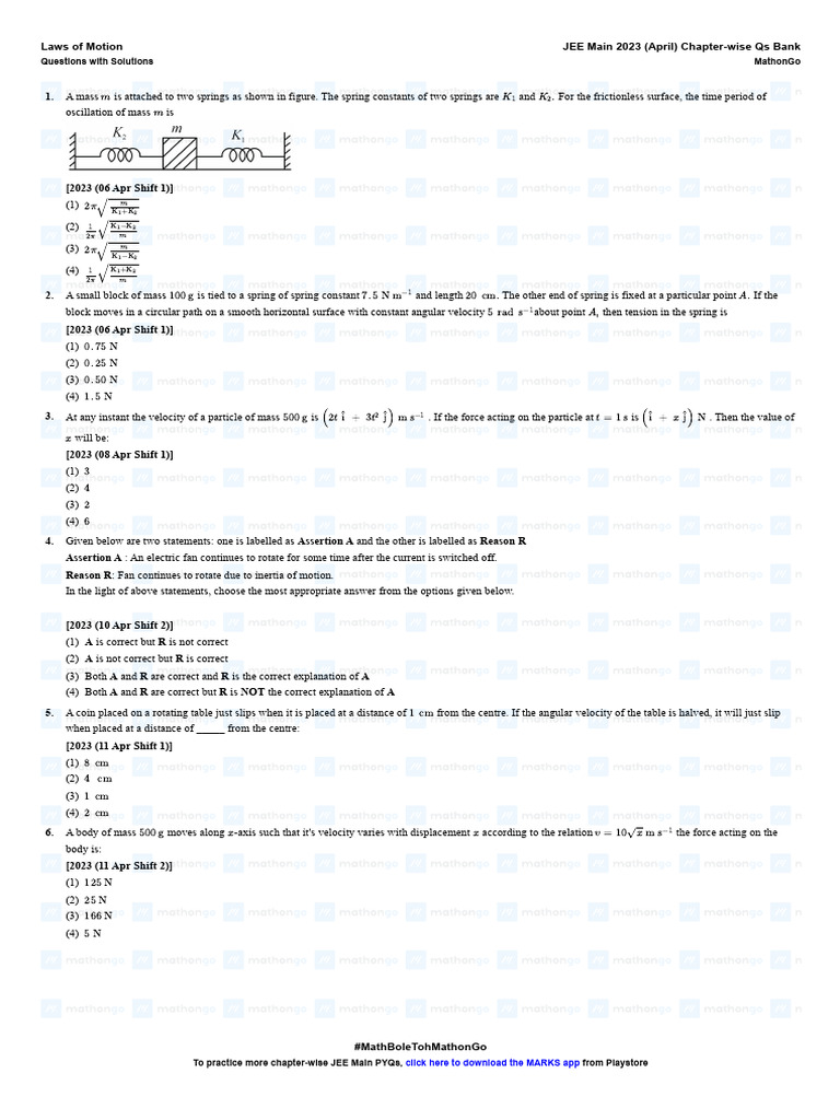 Laws of Motion - JEE Main 2023 April Chapterwise PYQ - MathonGo | PDF ...