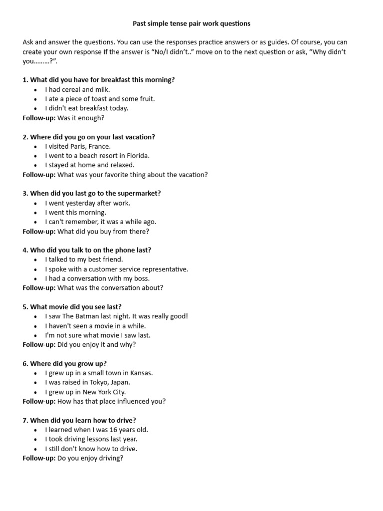 Past-simple-tense-verb-to-do-pair-work-questions | PDF