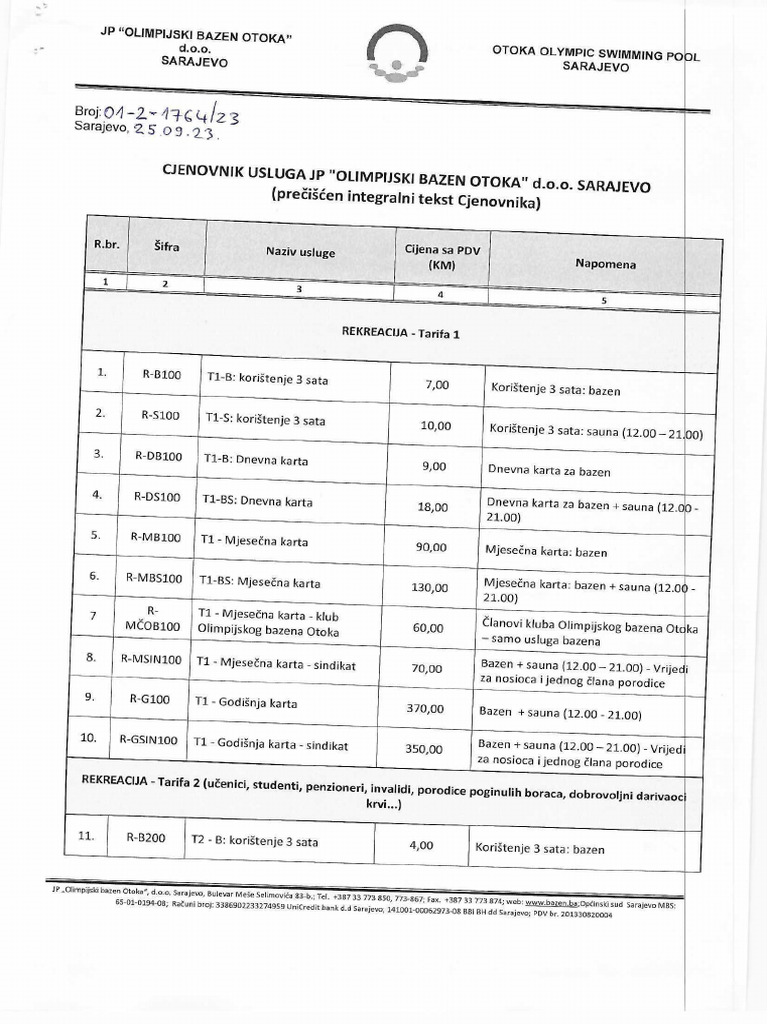 Cjenovnik Usluga JP Olimpijski Bazen Otoka | PDF