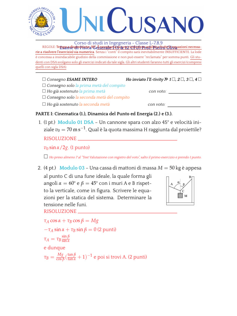 Fisica Generale 1 Esame Template | PDF