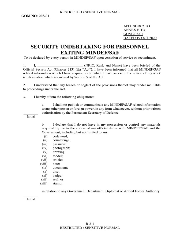 Security Undertaking For Personnel Exiting Mindef/Saf: GOM NO: 203-01 | PDF