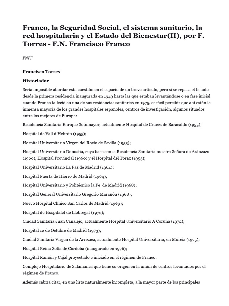 Franco, La Seguridad Social, El Sistema Sanitario, La Red Hospitalaria y El Estado Del Bienestar ...