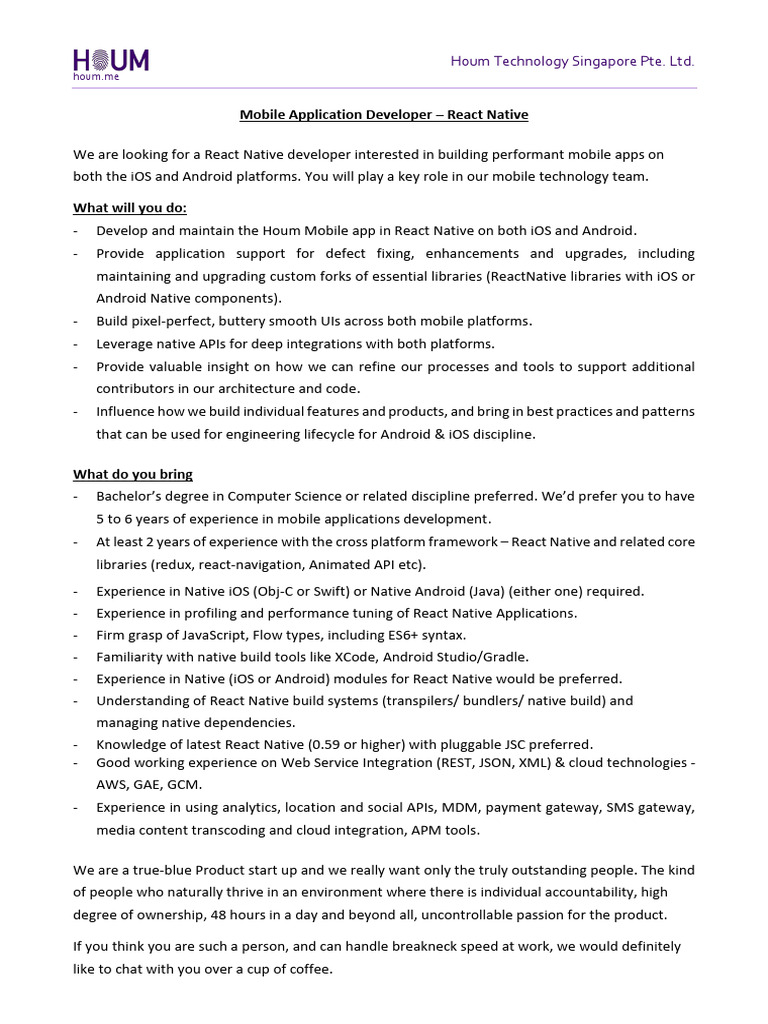 JD - Mobile Application Developer - React Native | PDF | Android (Operating System) | Mobile App