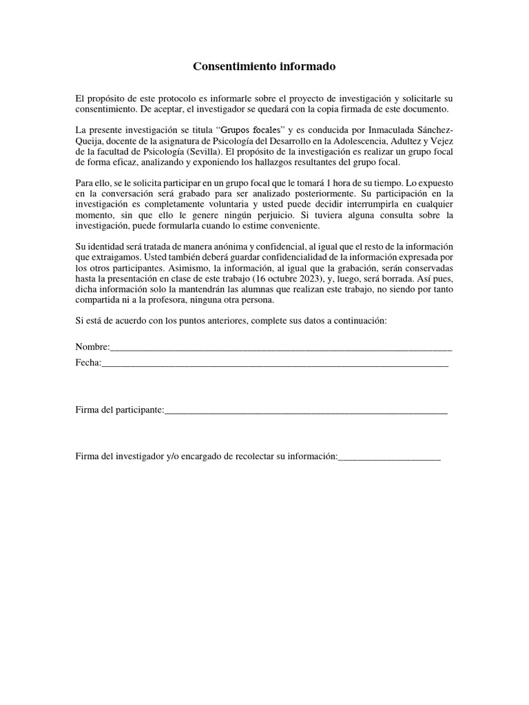 Modelo de Protocolo de Consentimiento Informado Grupo Focal | PDF