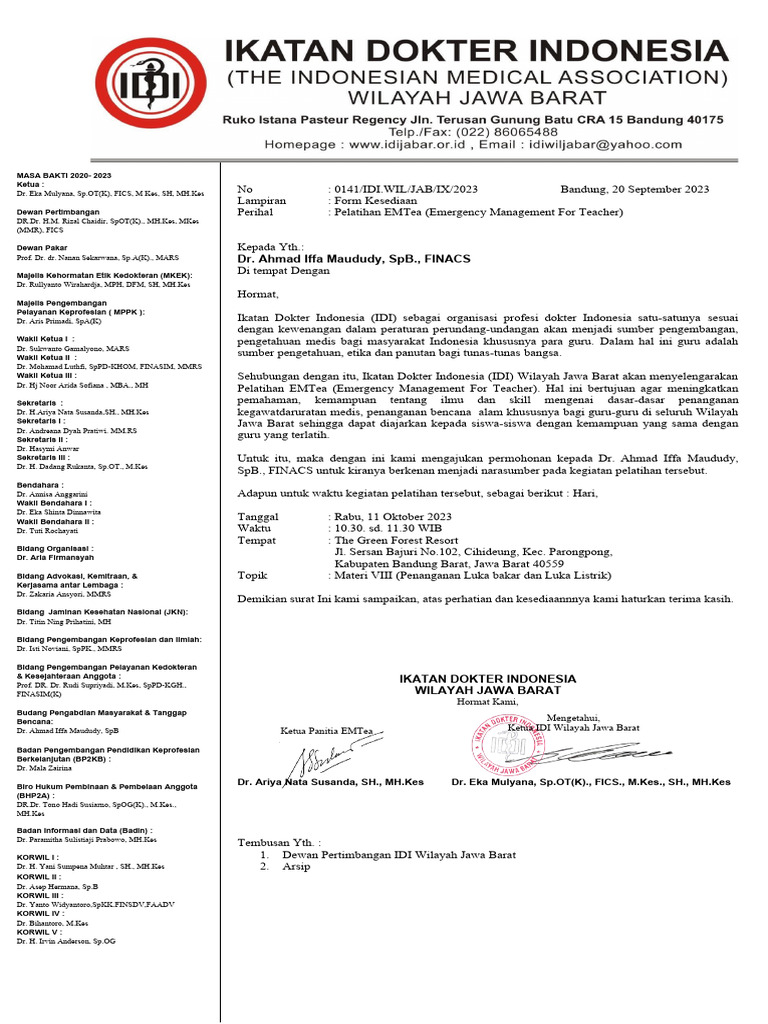 Surat 0141 Pelatihan EMTea Narasumber DR Iffa Mat - 231009 - 024412 | PDF