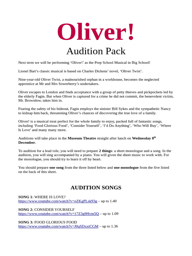 Oliver Audition Pack | PDF