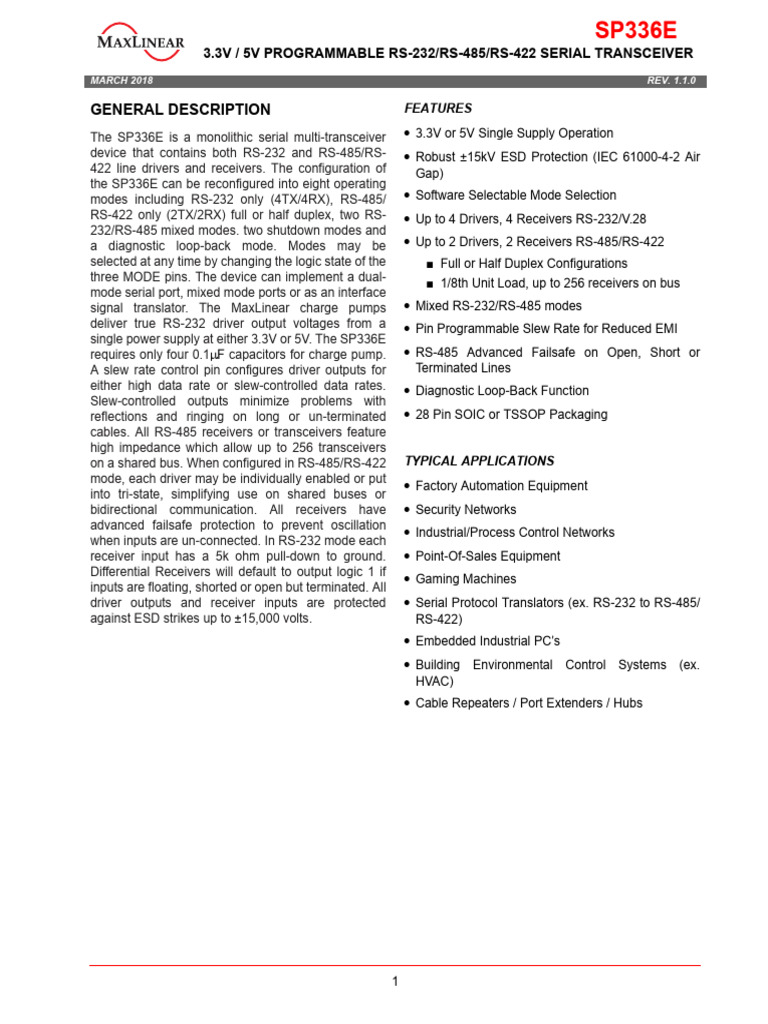 General Description: 3.3V / 5V Programmable Rs-232/Rs-485/Rs-422 Serial ...