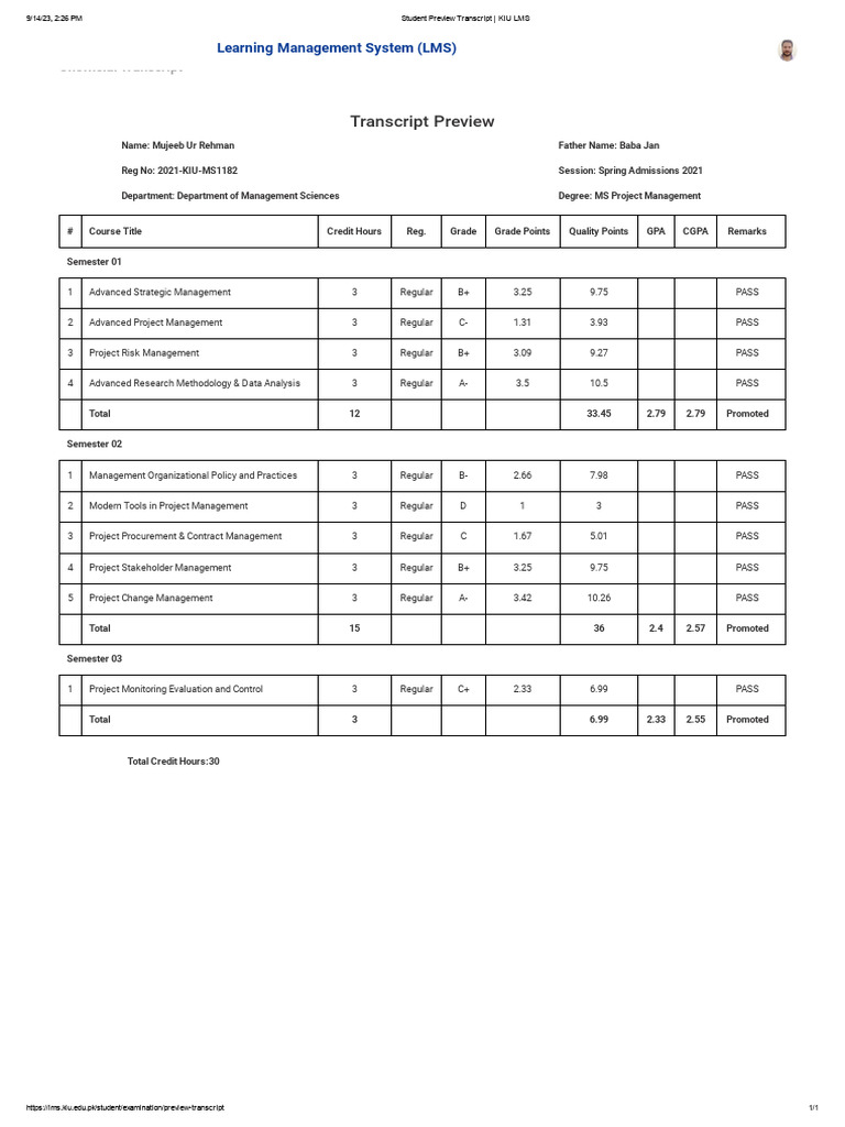Student Preview Transcript - KIU LMS | PDF | Course Credit | Project ...