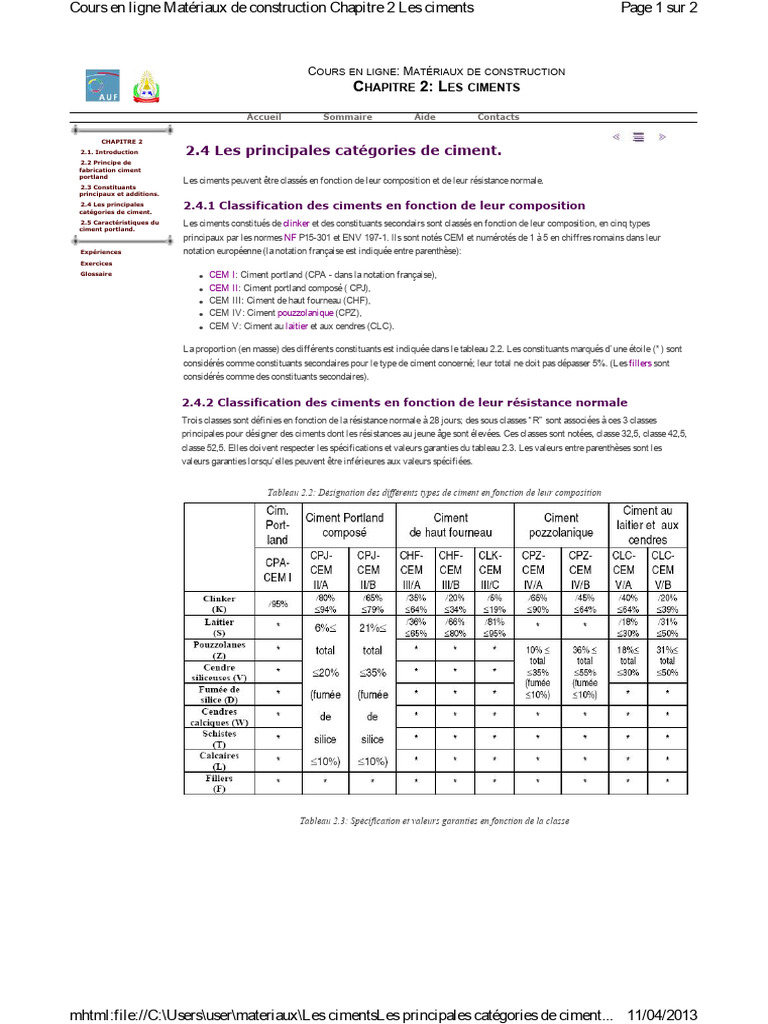 Les Principales Categories de Ciment | PDF