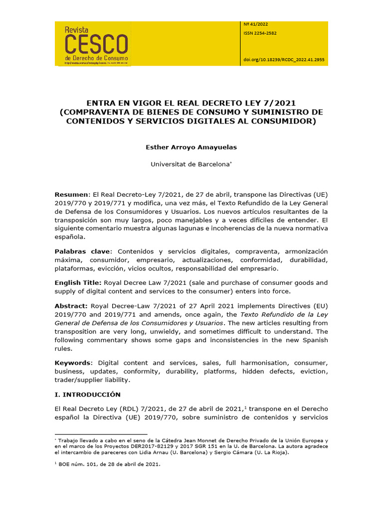Entra en Vigor El Real Decreto Ley 7/2021 (Compraventa de Bienes de Consumo Y Suministro de ...