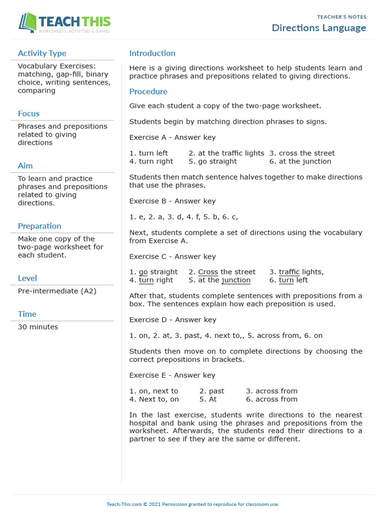 Giving Directions Worksheet & Answers | PDF | Linguistics | Human ...