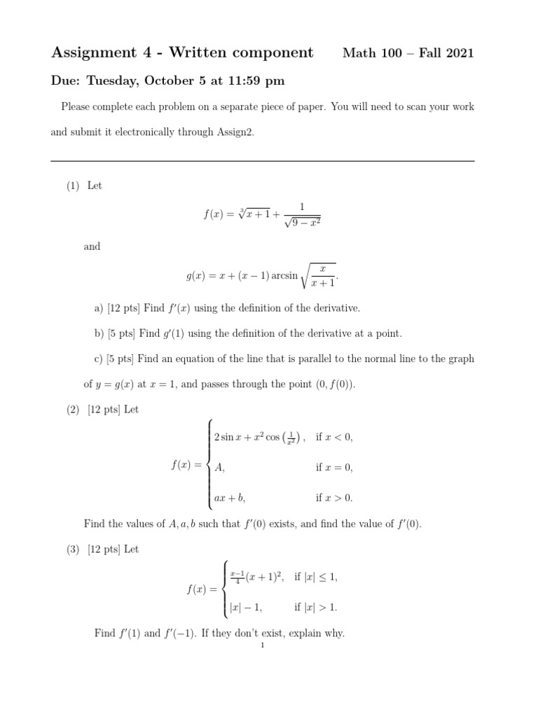 Assignment 4 - Written Component: Math 100 - Fall 2021 Due: Tuesday, October 5 at 11:59 PM | PDF ...