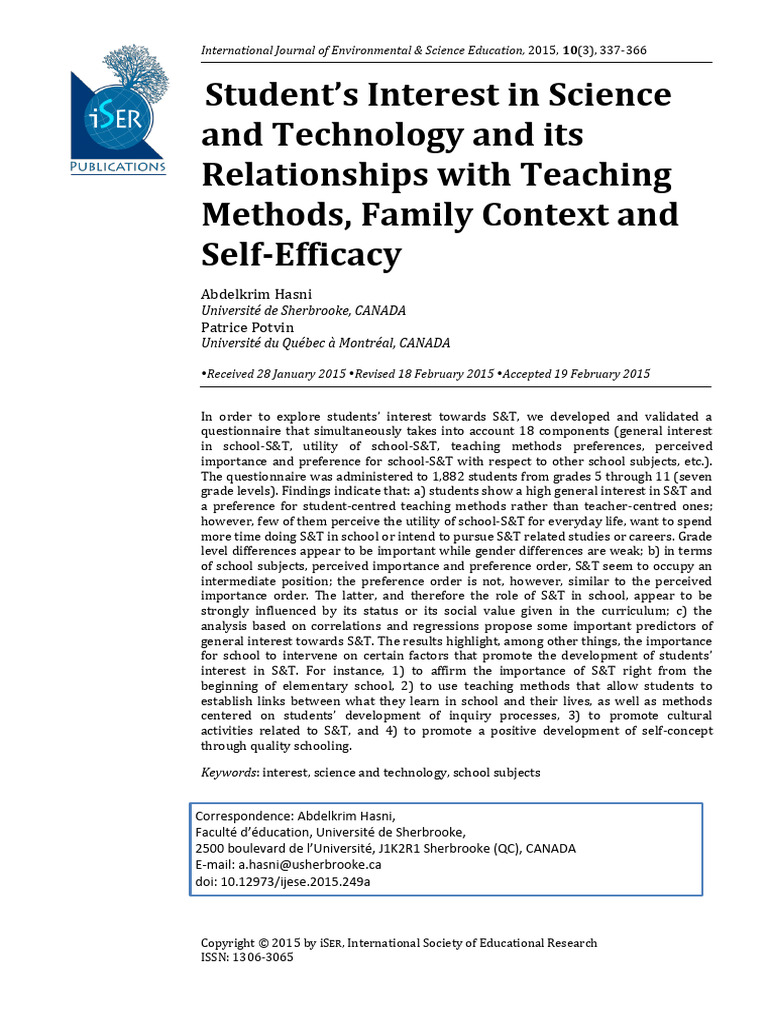 Student's Interest in Science and Technology and Its Relationships With ...