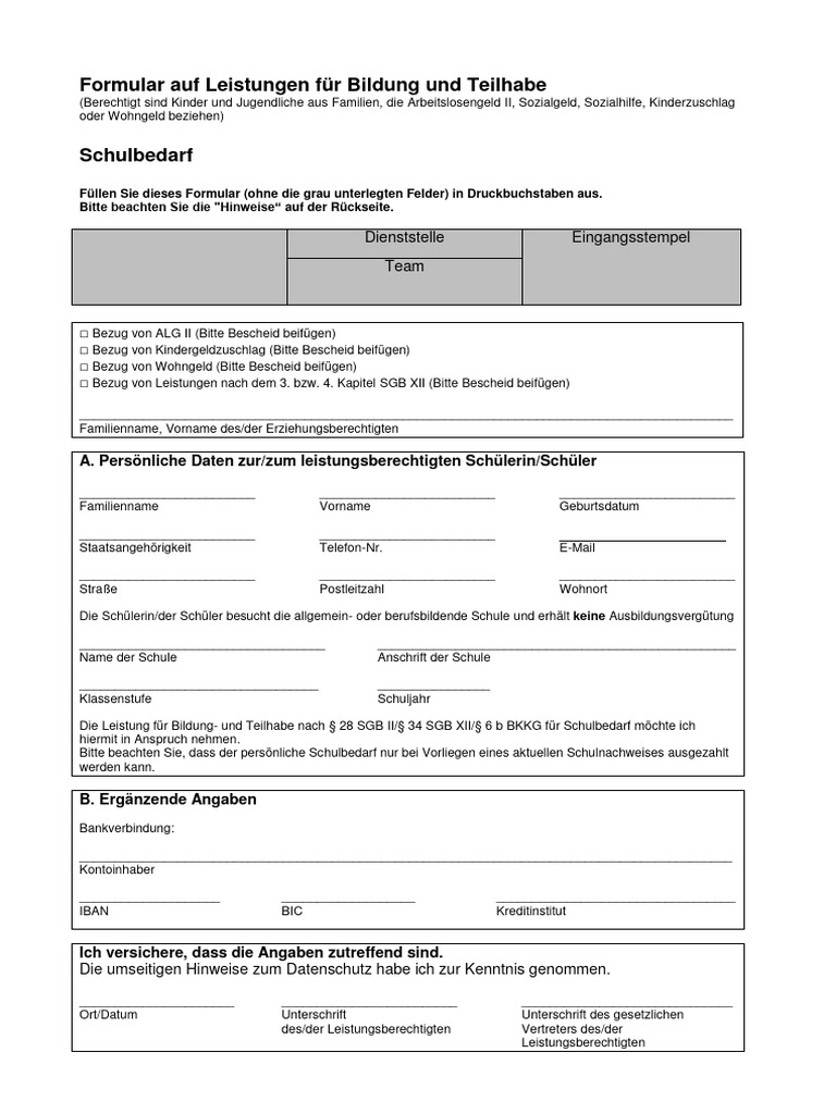 Formular Auf Leistungen Für Bildung Und Teilhabe: Dienststelle ...