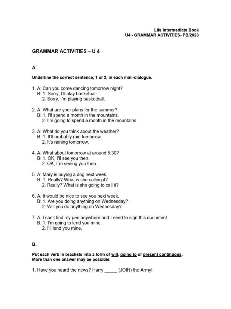 Life Interm - U4 - Grammar Activities | PDF