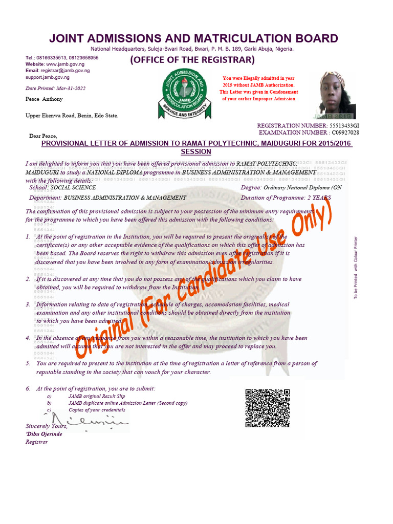Https:/portal - Jamb.gov - Ng/efacility - /PrintAdmissionLetter# 2 | PDF