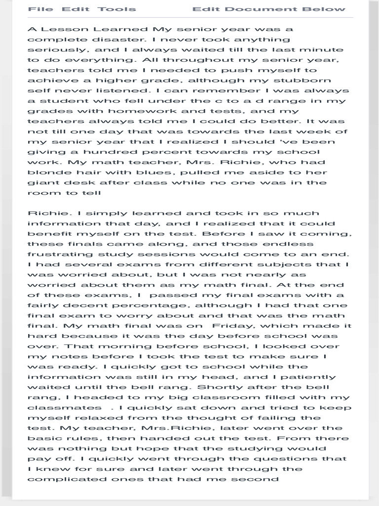 Reflective Essay A Lessons Learned in High School - 760 Words Cram | PDF