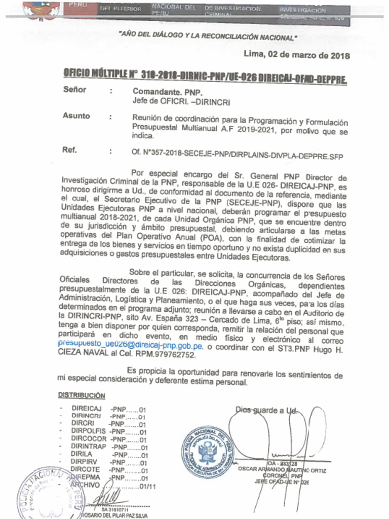 Oficio Multiple N°310 2018 Dirnic PNP Ue 026 Direicaj Ofad Deppre | PDF