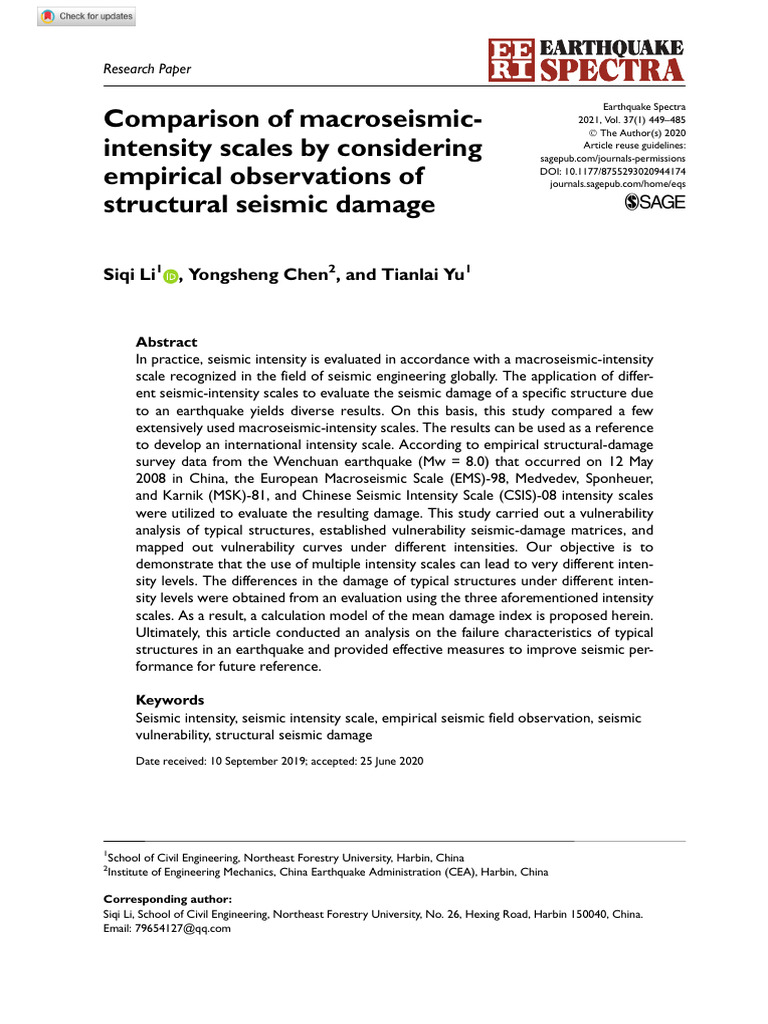Li Et Al 2020 Comparison of Macroseismic Intensity Scales by Considering Empirical Observations ...